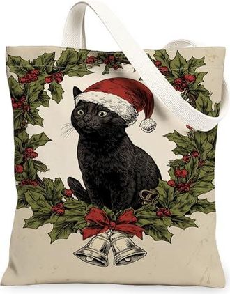 Generic Sacs fourre-tout en toile de vacances, motif chat mignon, sacs &agrave; provisions r&eacute;utilisables, style de No&euml;l vintage, toile l&eacute;g&egrave;re et lavable pour G, Noir