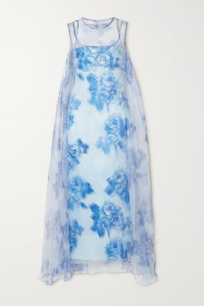 Emilia Wickstead Seline Robe Aus Taft Und Seidenorganza Mit Blumenprint - Blau