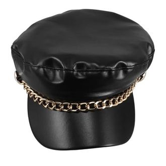 Garneck Chapeau de Marin Femme en Cuir PU Noir &agrave; Visi&egrave;re Courte et Plate, Casquette B&eacute;ret Ajustable Taille 56-60 Cm avec Cha&icirc;ne D&eacute;corative, Style Vintage Urba