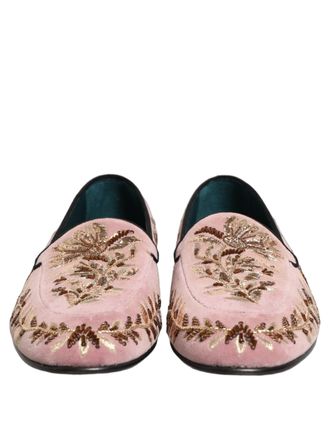 Dolce & Gabbana Mens Pink Velvet Floral Embroidery Loafers Shoes Leather