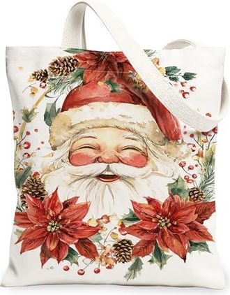 Generic Sacs fourre-tout festifs en toile, motif P&egrave;re No&euml;l, sacs de courses r&eacute;utilisables, confortables et l&eacute;gers, lavables pour voyage, plage, &eacute;picerie, 33 x