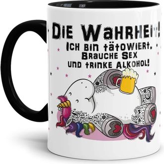 Tassendruck Einhorn-Tasse mit Spruch Die Wahrheit - Unicorn/Geschenk-Idee/Freunde/Sterne/Innen & Henkel Schwarz