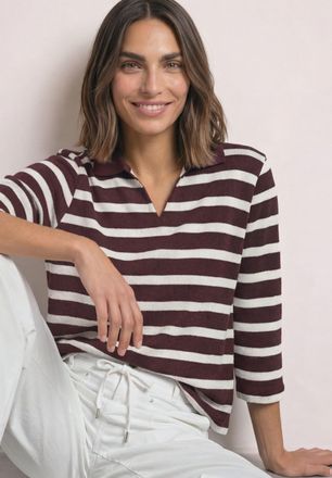 Street One Poloshirt STREET ONE, Damen, Gr. 36, bunt (rustic rouge), Jersey, Obermaterial: 60% Polyester, 40% Baumwolle, gestreift, normal h&uuml;ftlang, V-Ausschnitt