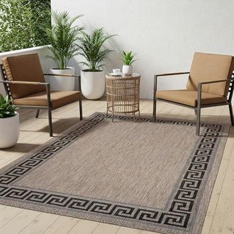 Tapiso Melissa Tapis Ext&eacute;rieur Int&eacute;rieur Terrasse Balcon Salon Cuisine Moderne Marron Beige Noir Mouchet&eacute; Bord&eacute; Zigzag Aspect Sisal R&eacute;sistant aux Intemp&eacute;ries