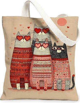 Generic Sac fourre-tout en toile avec motif chat mignon, adorable motif f&eacute;lin, sacs &agrave; provisions r&eacute;utilisables, l&eacute;gers et lavables pour la Saint Valentin, bei