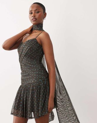 Asos Robe courte en tulle &agrave; pois avec d&eacute;tail drap&eacute; et d&eacute;tail foulard - Chocolat-Marron