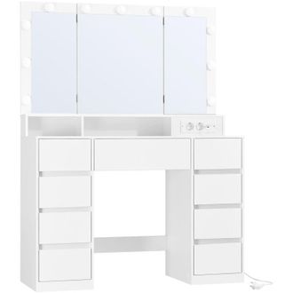 Vasagle Table de Maquillage avec 9 Tiroirs, Miroir Triple Pliable, &Eacute;clairage LED 3 Couleurs, Chambre, Multiprise Int&eacute;gr&eacute;e, Blanc