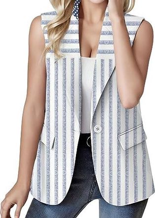 Generic 2026 Vestes pour femme Printemps &eacute;t&eacute; Commute &Eacute;l&eacute;gante et respirante Parfait sans manches Imprim&eacute; ray&eacute; Coupe ajust&eacute;e, blanc, XL