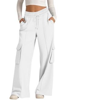 Generic Pantalon de surv&ecirc;tement ample pour femme - Pantalon cargo taille haute avec poches - Streetwear Y2K - Pantalon de sport d&eacute;contract&eacute;, blanc, XXL