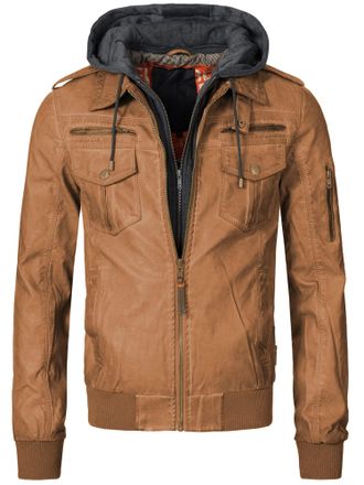 Indicode Herren Aaron Lederjacke mit abnehmbarer Kapuze | Kunstlederjacke Übergangsjacke Brown, XL