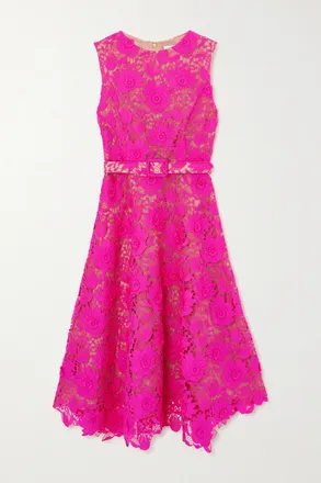 Oscar De La Renta Robe Midi En Dentelle Guipure &Agrave; Ceinture - Rose