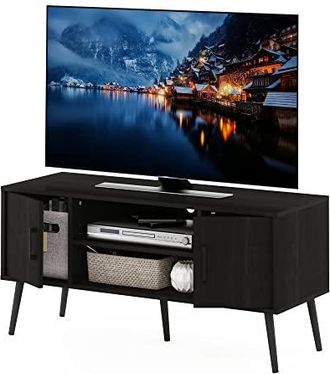 Furinno Claude TV-Ständer mit Holzbeinen im Mid-Century Stil, Espresso, Two Cabinets