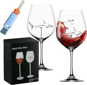 Generic Lot de 2 verres &agrave; vin en forme de requin avec brosse de nettoyage, verres sans plomb pour maison, bar, f&ecirc;te, cadeau unique pour mariage, anniversaire,