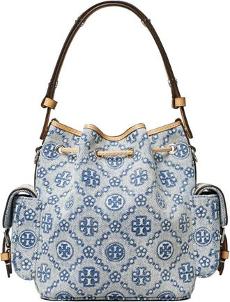 Tory Burch Womens Bucket Bag T-Monogram Denim Blue Cotton Shoulder