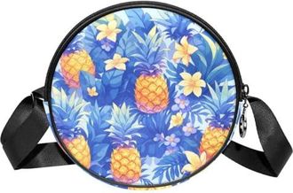 Generic Sac &agrave; bandouli&egrave;re rond pour femme, motif fleurs dananas avec fermeture &eacute;clair, bretelles r&eacute;glables, sac &agrave; main rond d&eacute;contract&eacute; pour femmes et filles