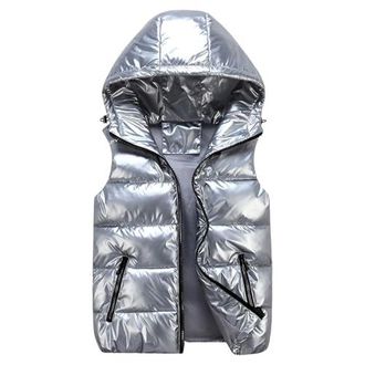 Generic Gilet &agrave; capuche brillant &agrave; capuche zipp&eacute; sans manches avec poches pour femme, Argent&eacute;., 3XL