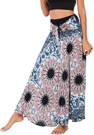 Feoya Jupe Longue Bohême Femme Jupe Gitane Fluide Hippie Taille Haute Élastique Jupes Indienne Maxi Robe Imprimé de Plage Vacances Robes Licou Dos Nu Sexy 2