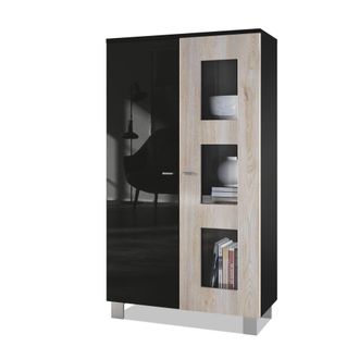 Vladon Vitrine Denjo, Made in Germany, Standvitrine mit 2 Türen und 3 Glaseinsätzen, Schwarz matt/Schwarz Hochglanz/Eiche Nordic (71 x 129 x 35 cm)