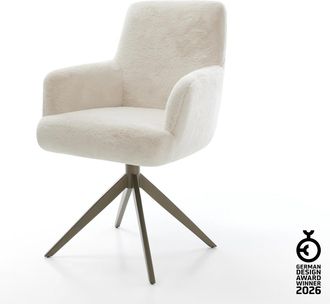DELIFE Drehstuhl Heira-Flex mit Armlehnen Pl&uuml;sch Creme-Wei&szlig; Kreuzgestell breit Effektfinish Titan 360&deg; drehbar Wippfunktion Taschenfederkern, Esszimmerst&uuml;hle