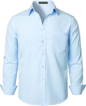 PARKLEES Herrenhemd, normale Passform, einfarbig, knitterfrei, lang&auml;rmelig, l&auml;ssige Gesch&auml;ftshemden mit Knopfleiste und Tasche, himmelblau, XXL