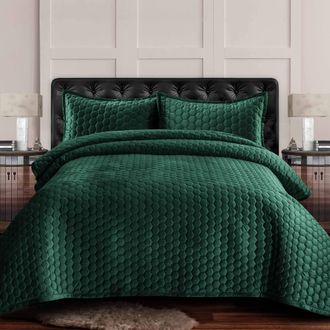 Tribeca Living Velvet Twin Quilt Set - Zweiteiliges Lugano Wabenstich Bettw&auml;sche, superweicher 260 g/m&sup2; Samt, &uuml;bergro&szlig;e Steppdecke und 1 Kissenbezug, Blaugr&uuml;n