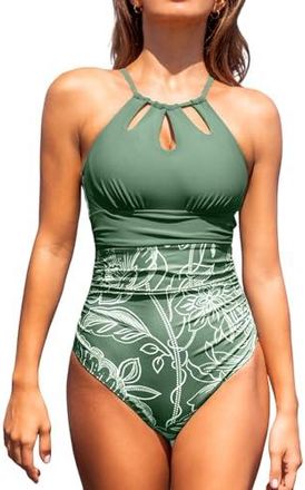 Cupshe Maillot de bain une pièce pour femme - Col haut - Contrôle du ventre - Maillot de bain, Vert olive/floral, Taille L