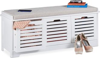 Relaxdays Sitzbank mit Stauraum, 3 K&ouml;rbe & Sitzkissen, K&uuml;chenbank Landhausstil, Garderobenbank HxBxT 44x105x35 cm, wei&szlig;