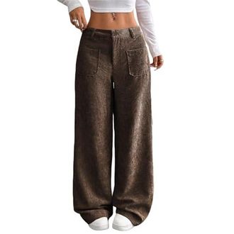 Generic Pantalon ample en velours c&ocirc;tel&eacute; de couleur unie pour femme, avec poche plaqu&eacute;e, pour lautomne et lhiver, taille &eacute;lastique, caf&eacute;, XL