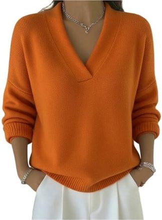 Generic QXDZSW Pull en tricot Top Pull Femme Top Manches Longues Couleur unie Col V Quotidien Multicolore R&eacute;seau Celebrity, safran, 3XL