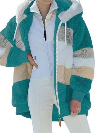 Generic Manteau rembourr&eacute; en laine dagneau contrast&eacute;e avec poche zipp&eacute;e, veste sherpa &agrave; manches longues en fausse polaire pour femme, Vert, 3XL