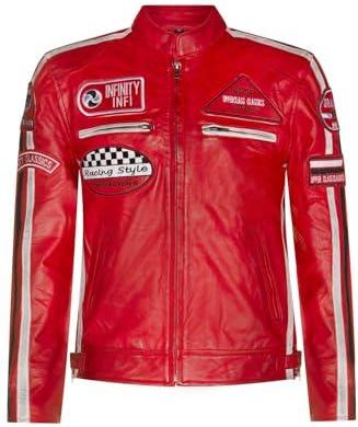Infinity Leather Veste de Moto en Cuir Rouge &agrave; Badges Pour Motards L