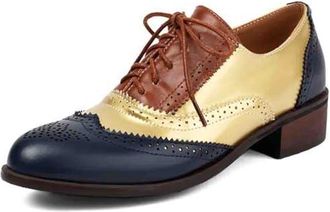 Generic Brogues contemporaines pour Femmes Oxford Color Block Talon Bas pour Travail et Loisirs Bout Rond Design,dor,36 EU