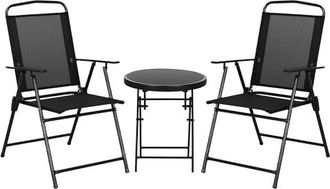 OUTSUNNY Ensemble Bistro de Jardin 3 pi&egrave;ces Salon de Jardin 2 chaises Pliables avec accoudoirs + Table Basse Ronde Verre tremp&eacute; Pliable m&eacute;tal &eacute;poxy Toile en Ma