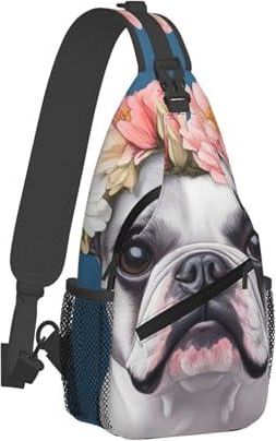 Generic Casual Sacoche Homme Bandouliere T&ecirc;te de bouledogue fran&ccedil;ais Fleurs Sling Bag Multifonction Sling Sac &agrave; Dos pour Randonn&eacute;e Cyclisme Voyage