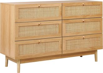 Beliani Sideboard 6 Schubladen Kommode Spanplatte Vorderseite aus Rattan Helles Holz Boho Stil Schrank Nivo