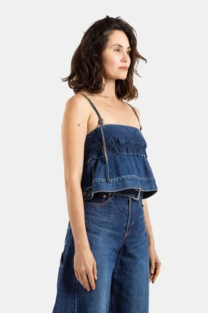 sacai Womens Indigo Blue Distressed Ruffled Denim Bustier Top Sweater