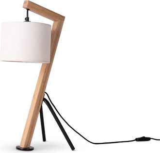 Paco Home Tischlampe Holz Nachttischlampe Schreibtischlampe Retro E27 Fassung Tischleuchte Wohnzimmer Vintage Stoff Lampenschirm Leselampe Modern