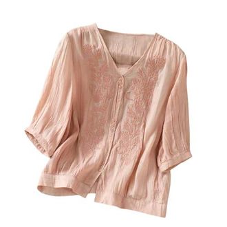 Generic Chemise en lin pour femme, coupe ample, &eacute;l&eacute;gante, brod&eacute;e florale, tunique r&eacute;tro boutonn&eacute;e, col en V, manches courtes, chemisier l&eacute;ger et fluide, rose,