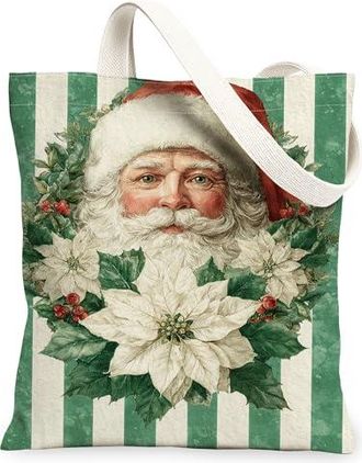 Generic Sacs fourre-tout vintage en toile motif floral festif de vacances, sacs de courses r&eacute;utilisables, l&eacute;gers et lavables avec bandouli&egrave;re C, Vert, 13x15 I