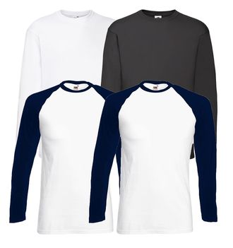 Fruit Of The Loom 4 T Shirt Longsleeve Baseball T M L XL XXL Langarm (XXL, 2 Base WhiteNavy + 1LS Weiss + 1LS Schwarz + 1 HLKauf Notizblock)