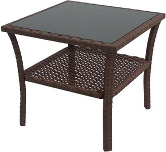 OUTSUNNY Table dappoint de Jardin en r&eacute;sine tress&eacute;e 2 Niveaux, 50 x 50 x 45 cm, Table Basse de Jardin carr&eacute;e avec Plateau en Verre tremp&eacute;, Structure en Acier g