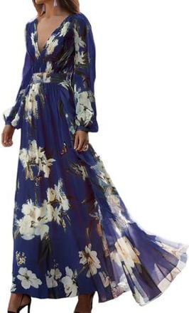 Onsoyours Robe Maxi Femme Col en V Longue Imprim&eacute; Florale Taille Haute Robes De Soir&eacute;e El&eacute;gante Manches Longues Plage Casual Swing Party Robe A Bleu XL