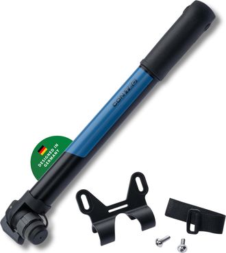 CONTEC Minipumpe Air Support Go, 25 cm, aus Aluminium und Kunststoff, 8 bar/120 psi, für alle Ventile, inkl. Halterung, 1 Stück, schwarz/Riviera blau