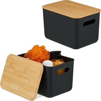 Relaxdays Aufbewahrungsbox, 2er Set, Deckel, Kunststoff, Bambus, Griff, HBT: 16 x 26 x 17,5 cm, Organizer, schwarz/Natur