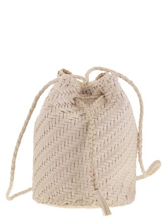 Dragon Pompom Double Jump Bucket Bag With Woven Leather