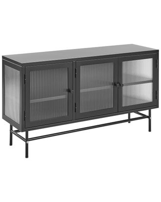 Beliani Metallschrank 3 Glast&uuml;ren schwarz Stahl halbhoch K&uuml;chenschrank Industriell Devon