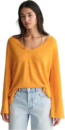 GANT Femme, Pulls, Jaune, Taille: 38 FR Pull en maille &agrave; col en V en lin m&eacute;lang&eacute;