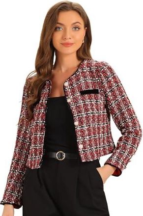 Allegra K Veste en tweed pour femme décontractée col rond boutonné fermeture à lavant manches longues Rouge Noir S