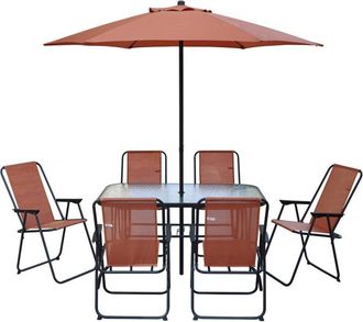 Habitat et Jardin Table et chaises de jardin avec parasol en m&eacute;tal Convivia - 6 places - Terracotta