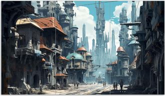 Wallario Herdabdeckplatte/Spritzschutz aus Glas, 3-teilig, 90x52cm mit 13mm hohen Füßen, für Ceran- und Induktionsherde, Verlassene Zukunftsstadt